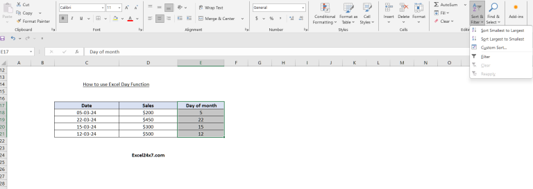 Excel Day Function Extract Day From Any Date Value Excel24x7